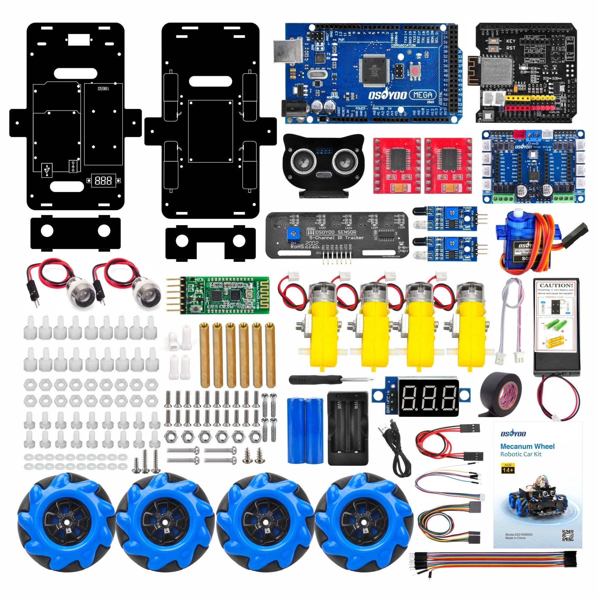 Parts of OSOYOO Blue Mecanum wheel robotic car for Arduino Mega2560 (M