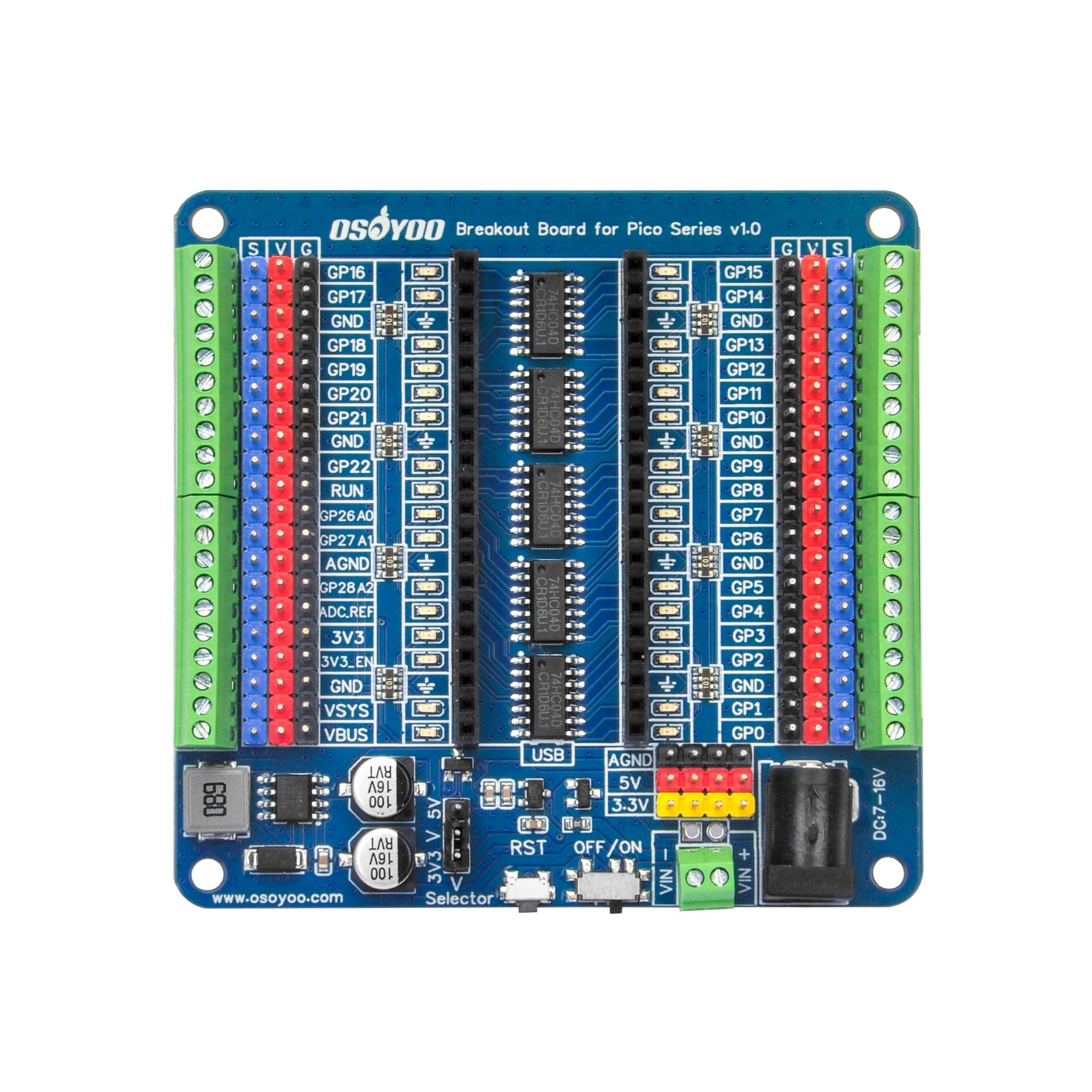 IO Breakout Board for Raspberry Pi Pico - GPIO Status LEDs, Reverse Po