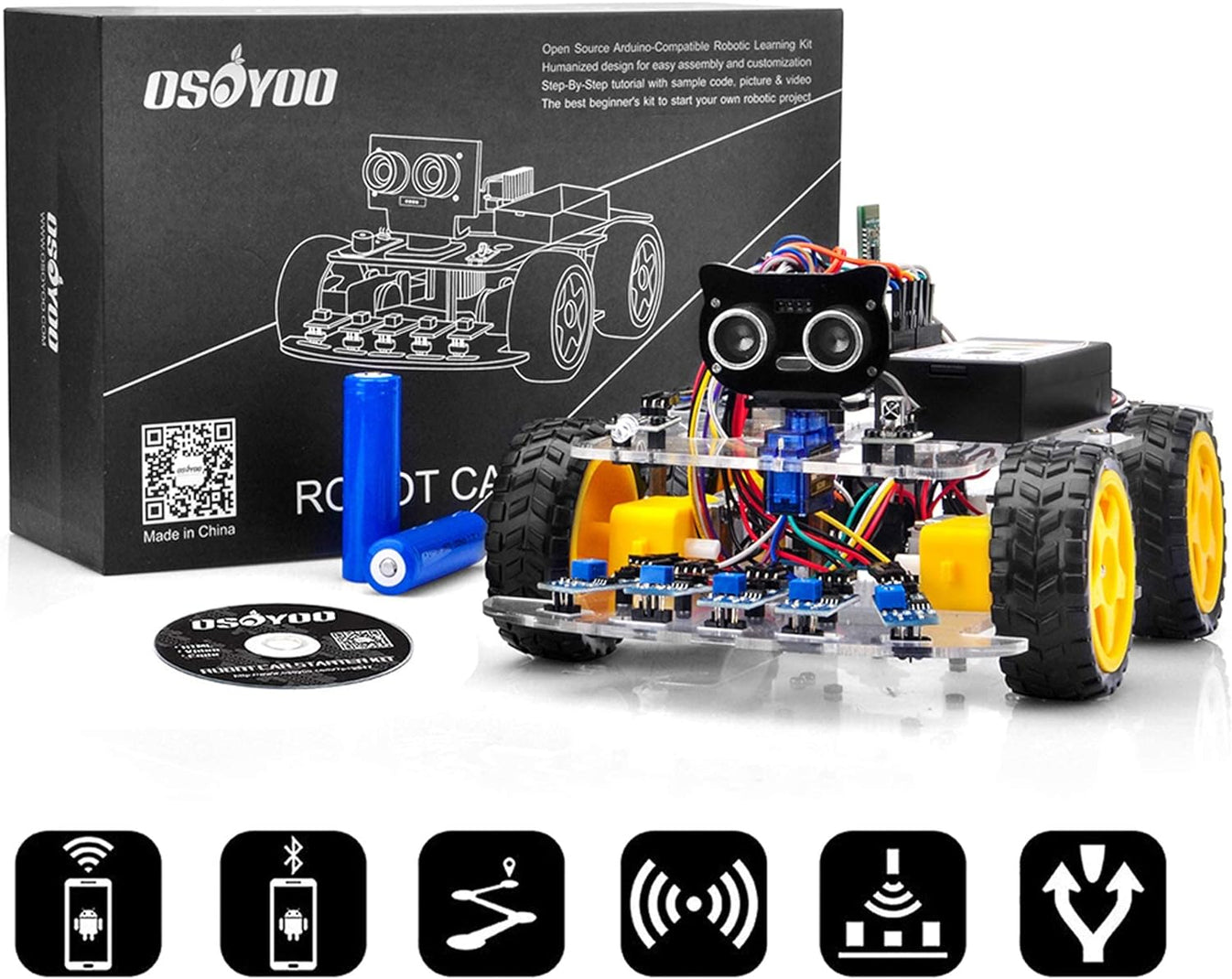 OSOYOO Arduino用 UNO 多機能 教育 ロボット カー | STEM リモコン App 4WD構築、プログラミング、学習 のた